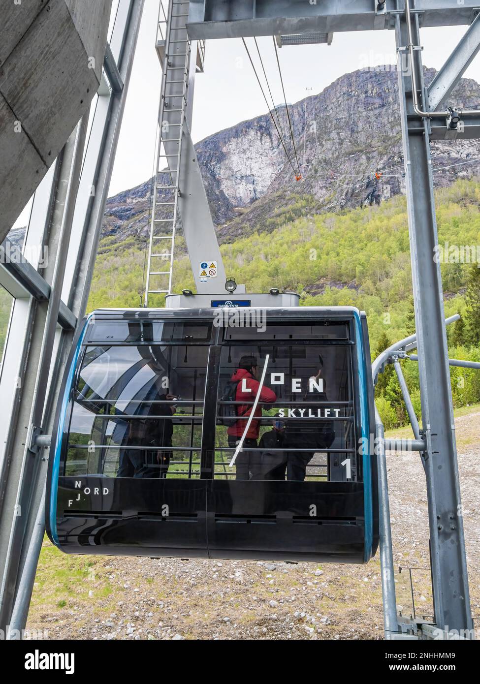 A view of the aerial tramway Loen Skylift with Mt. Hoven in the ...