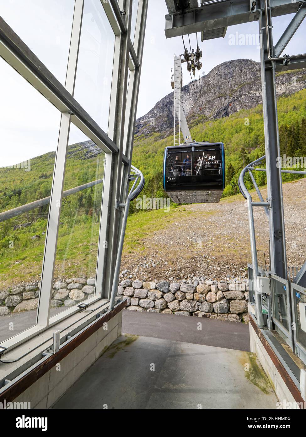 A view of the aerial tramway Loen Skylift with Mt. Hoven in the ...