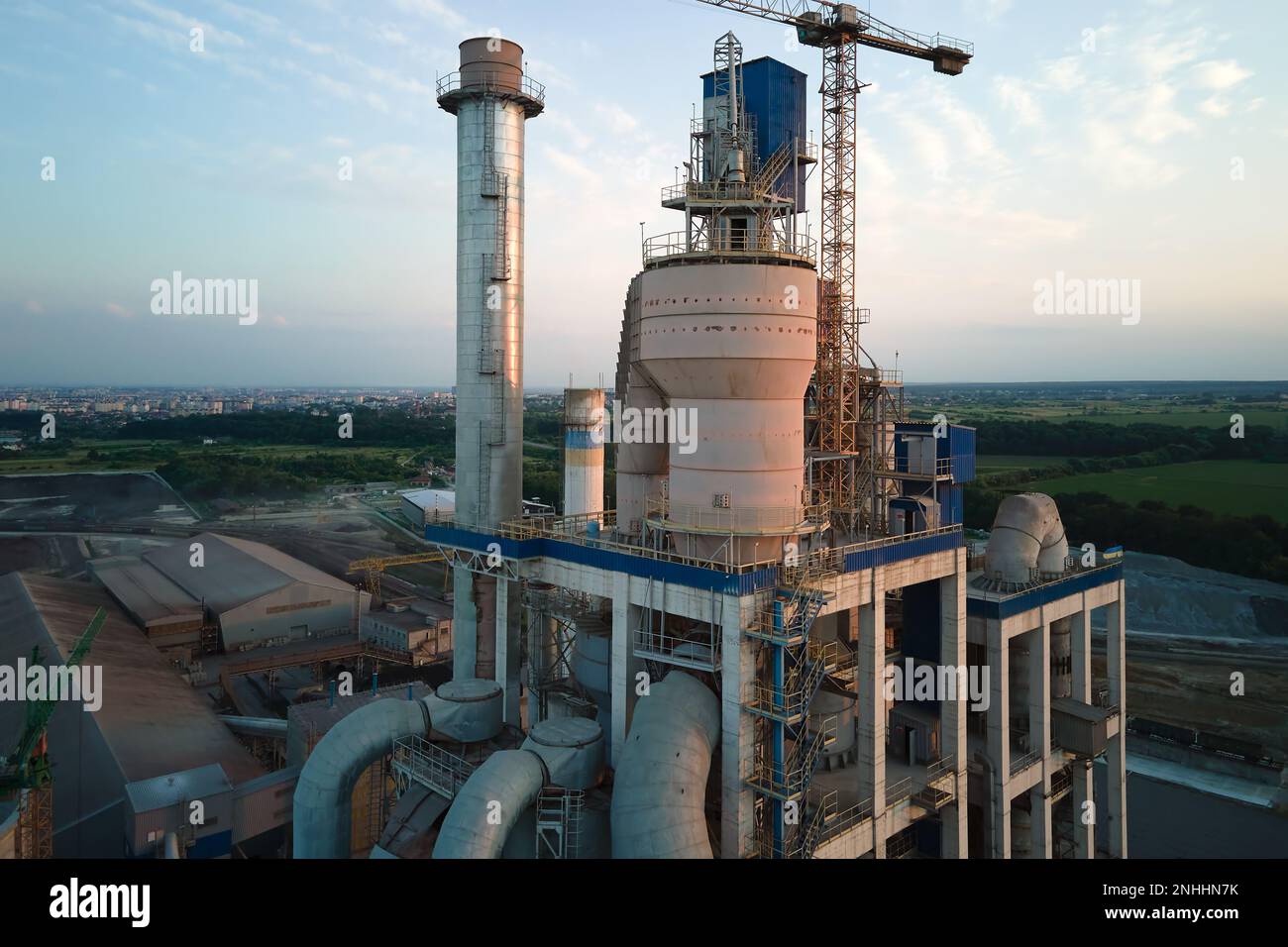 Aerial view of cement factory with high concrete plant structure and ...