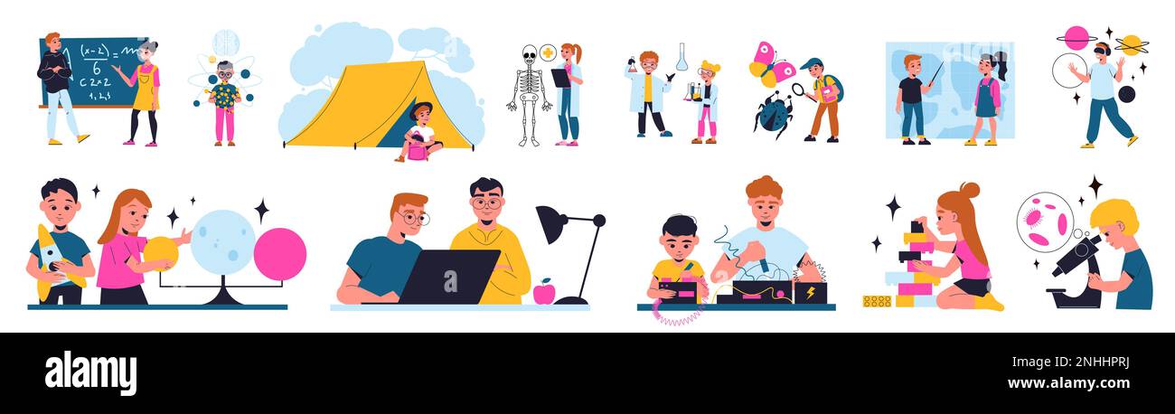 Stem camp children set with study and rest symbols flat isolated vector ...