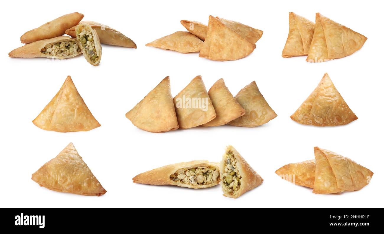 Set with crispy delicious samosas on white background Stock Photo - Alamy