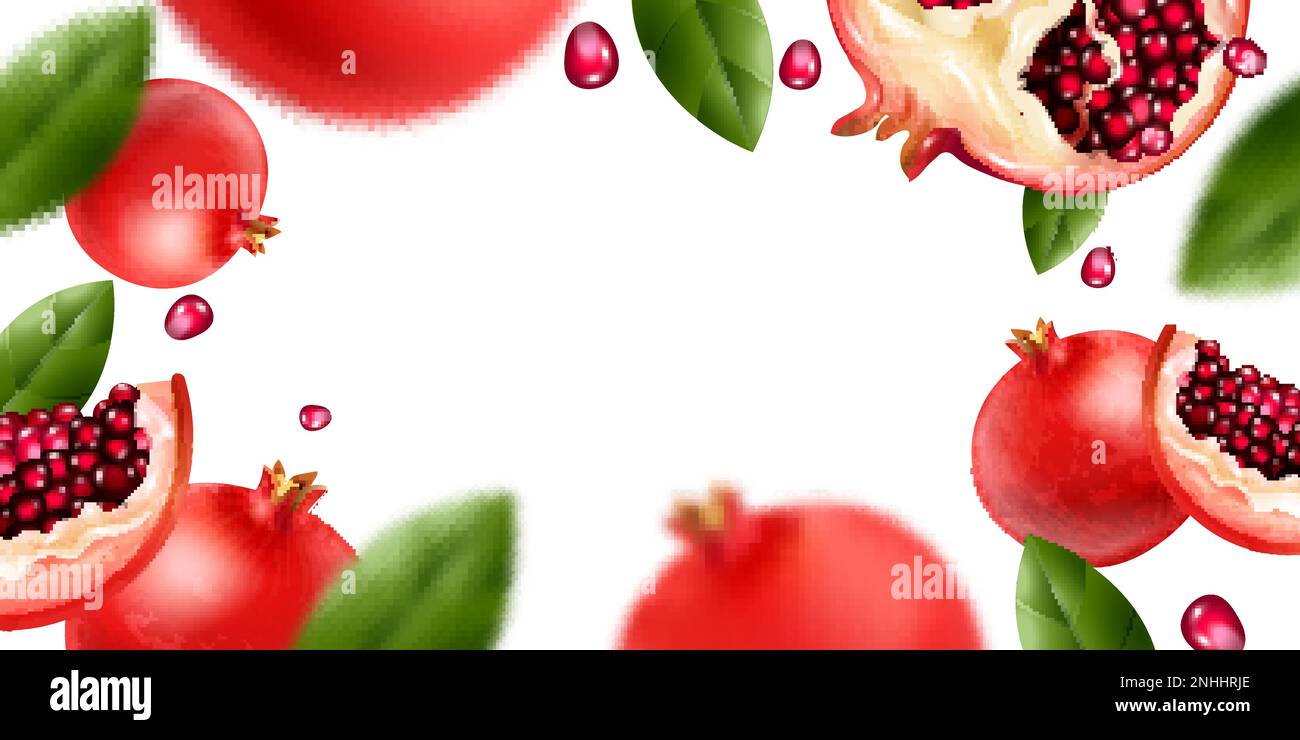 Pomegranate realistic horizontal frame with organic food symbols vector ...