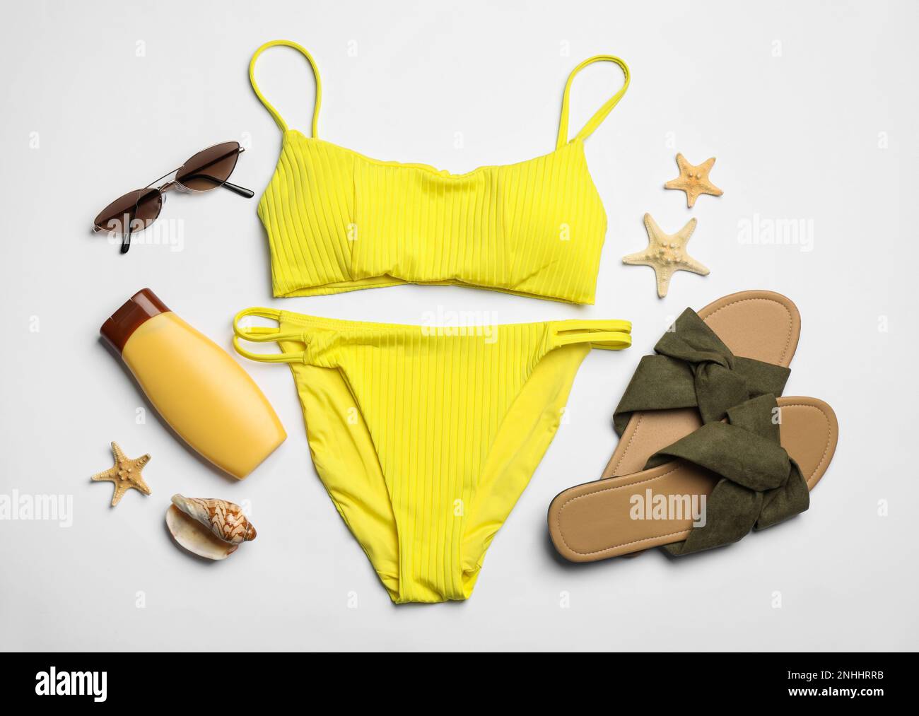 Flat lay composition with beach objects on white background Stock Photo ...