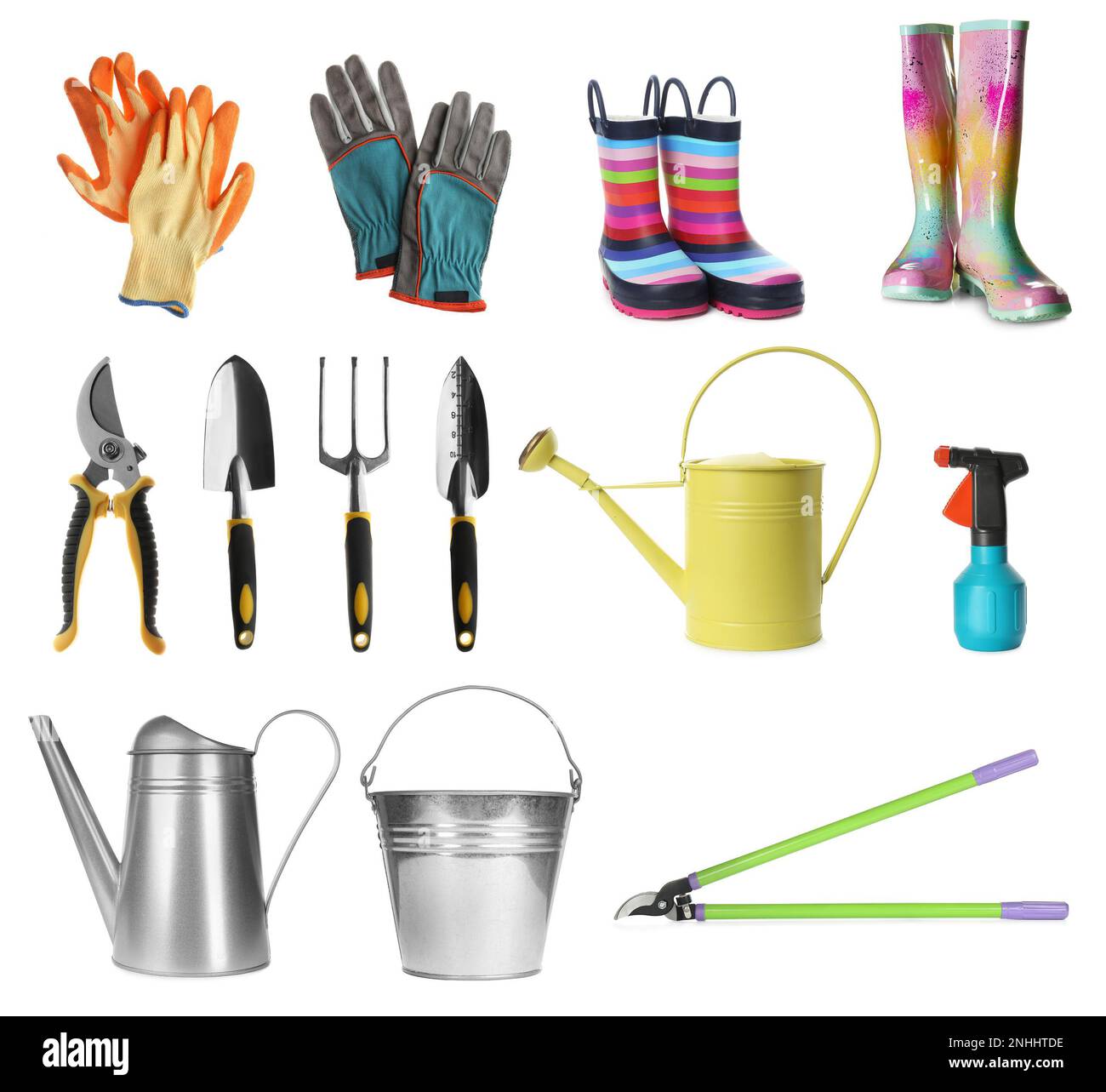 Set with different gardening tools on white background Stock Photo - Alamy