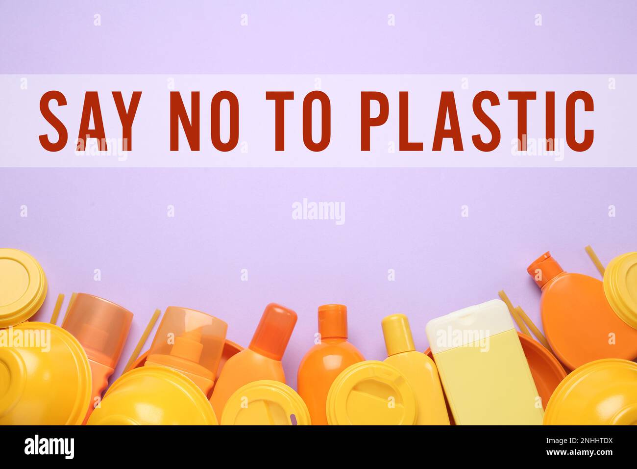 Text SAY NO TO PLASTIC and disposable items on lilac background, flat ...