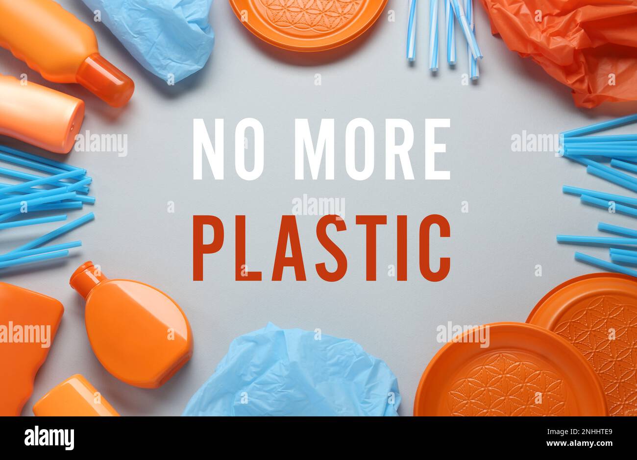 Text NO MORE PLASTIC and different disposable items on grey background ...
