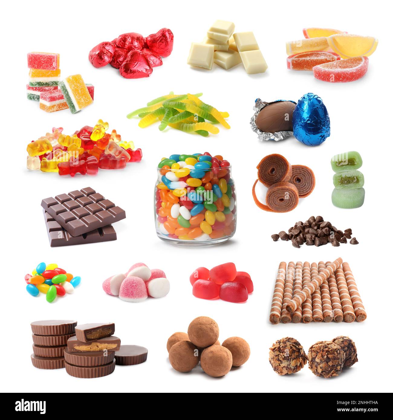 Collection of different delicious confectionery on white background ...