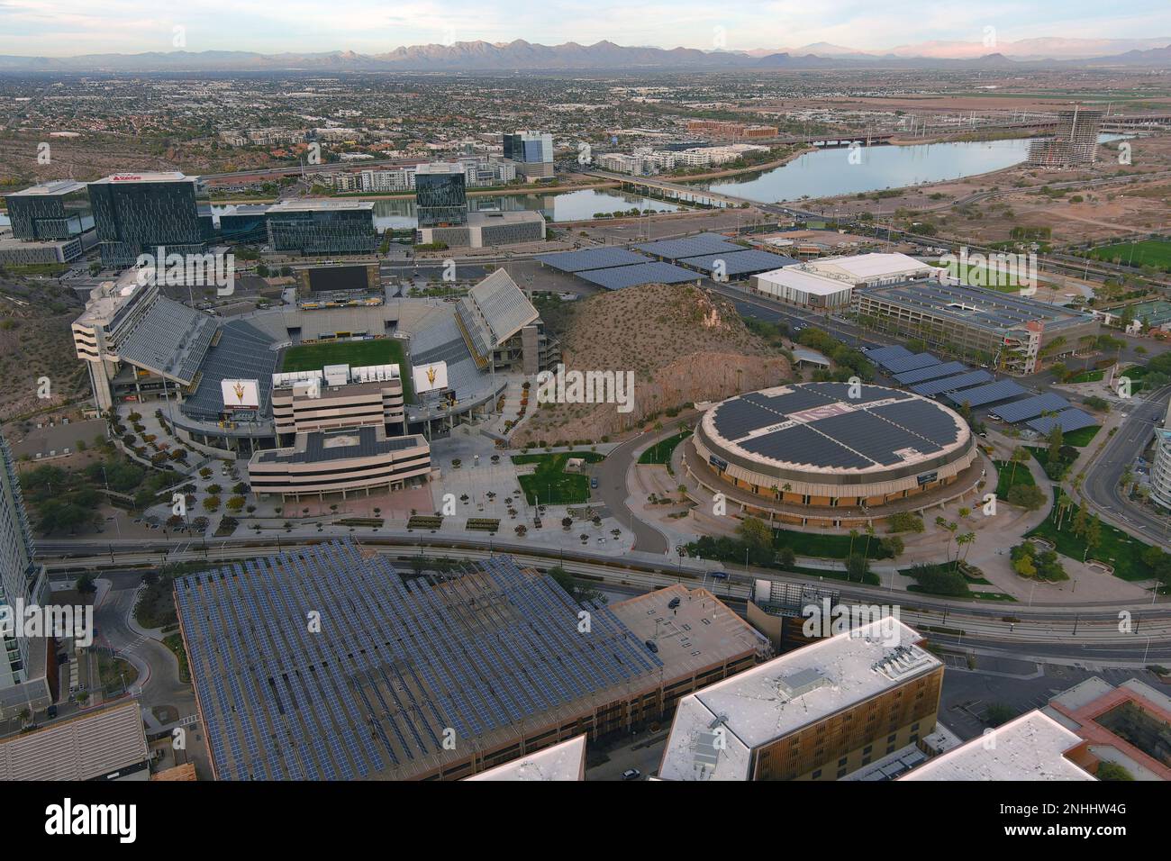 A general overall aerial view of Sun Devil Stadium (left) and Desert ...