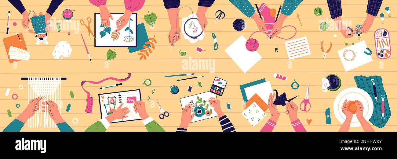 Craft hobby flat background with top view of human hands painting ...