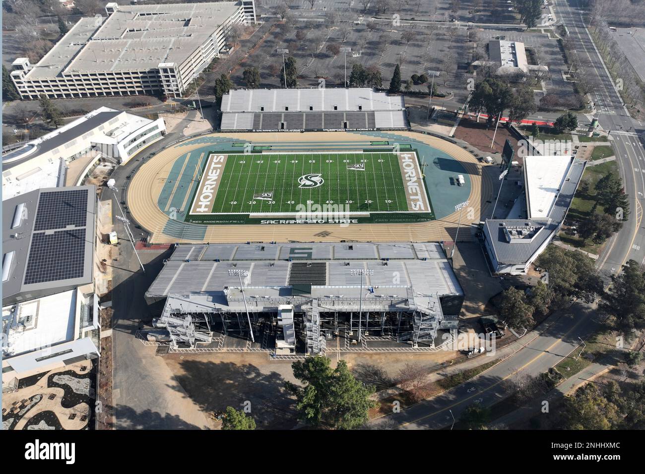 A general overall aerial view of the track and football field at Hornet ...