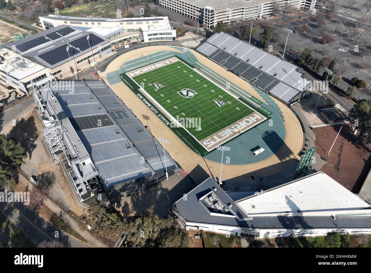 A general overall aerial view of the track and football field at Hornet ...