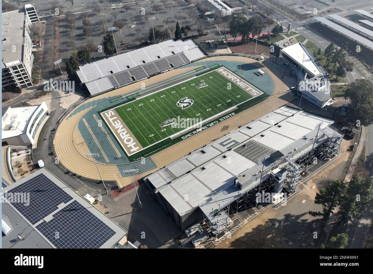 A general overall aerial view of the track and football field at Hornet ...