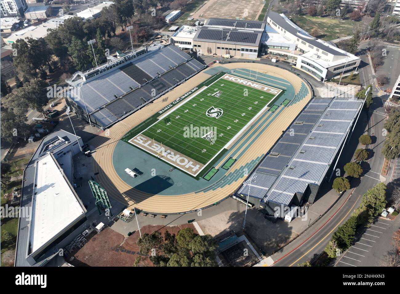 A general overall aerial view of the track and football field at Hornet ...