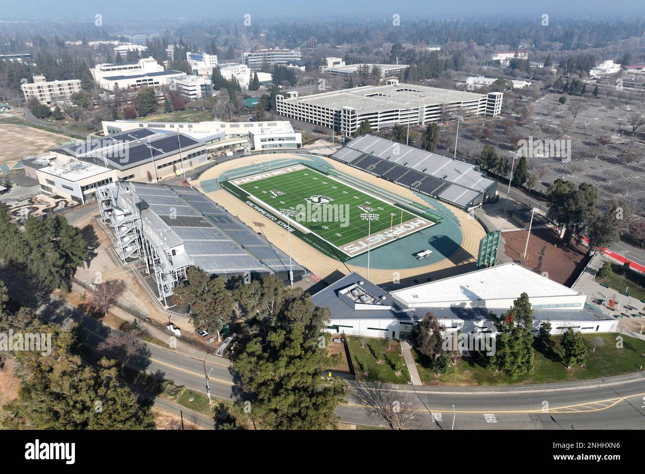 A general overall aerial view of the track and football field at Hornet ...