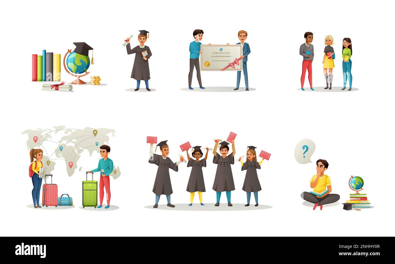 Set with isolated global education student exchange cartoon ...