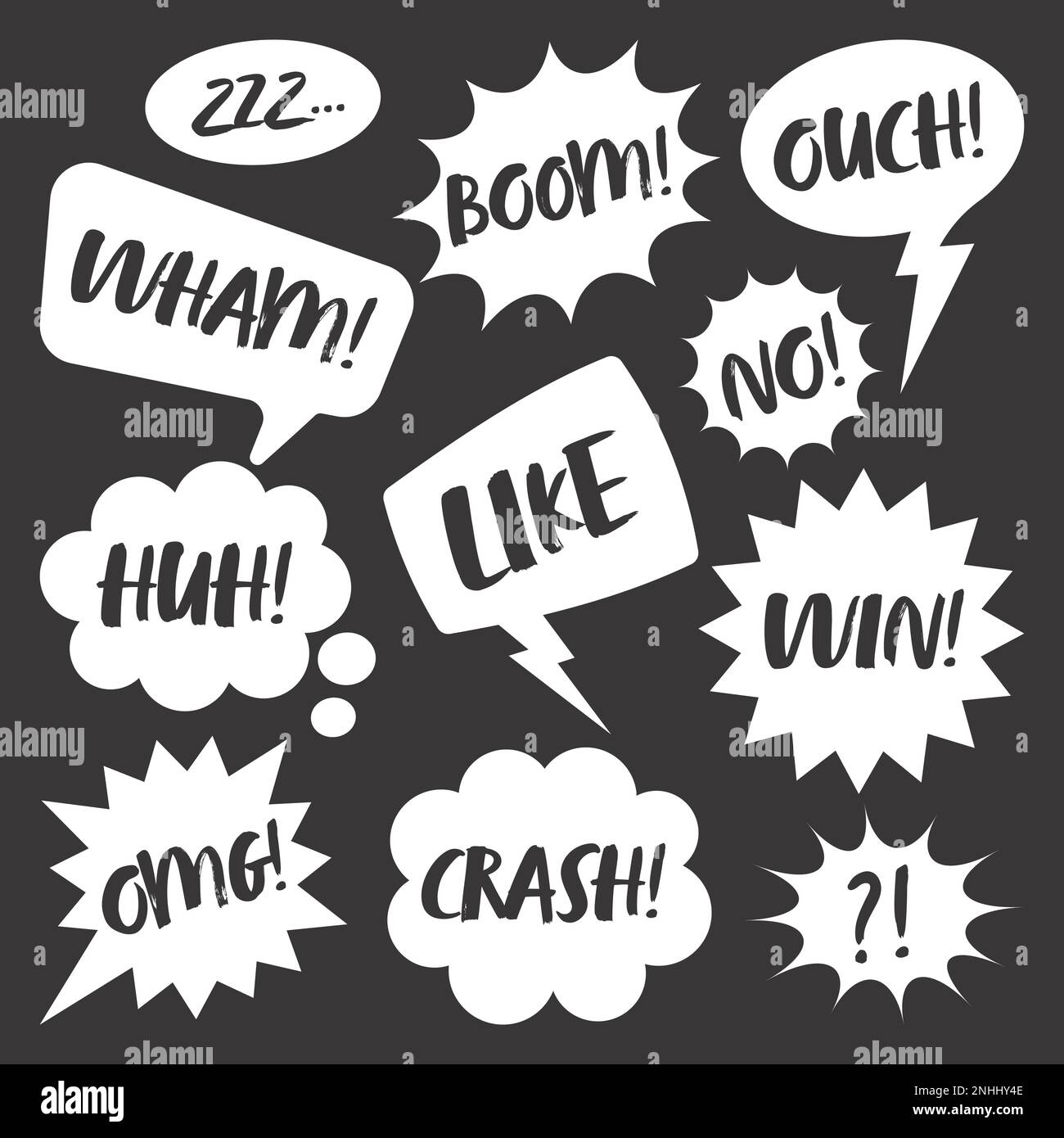 White comic speech bubbles with handwritten text on dark background ...
