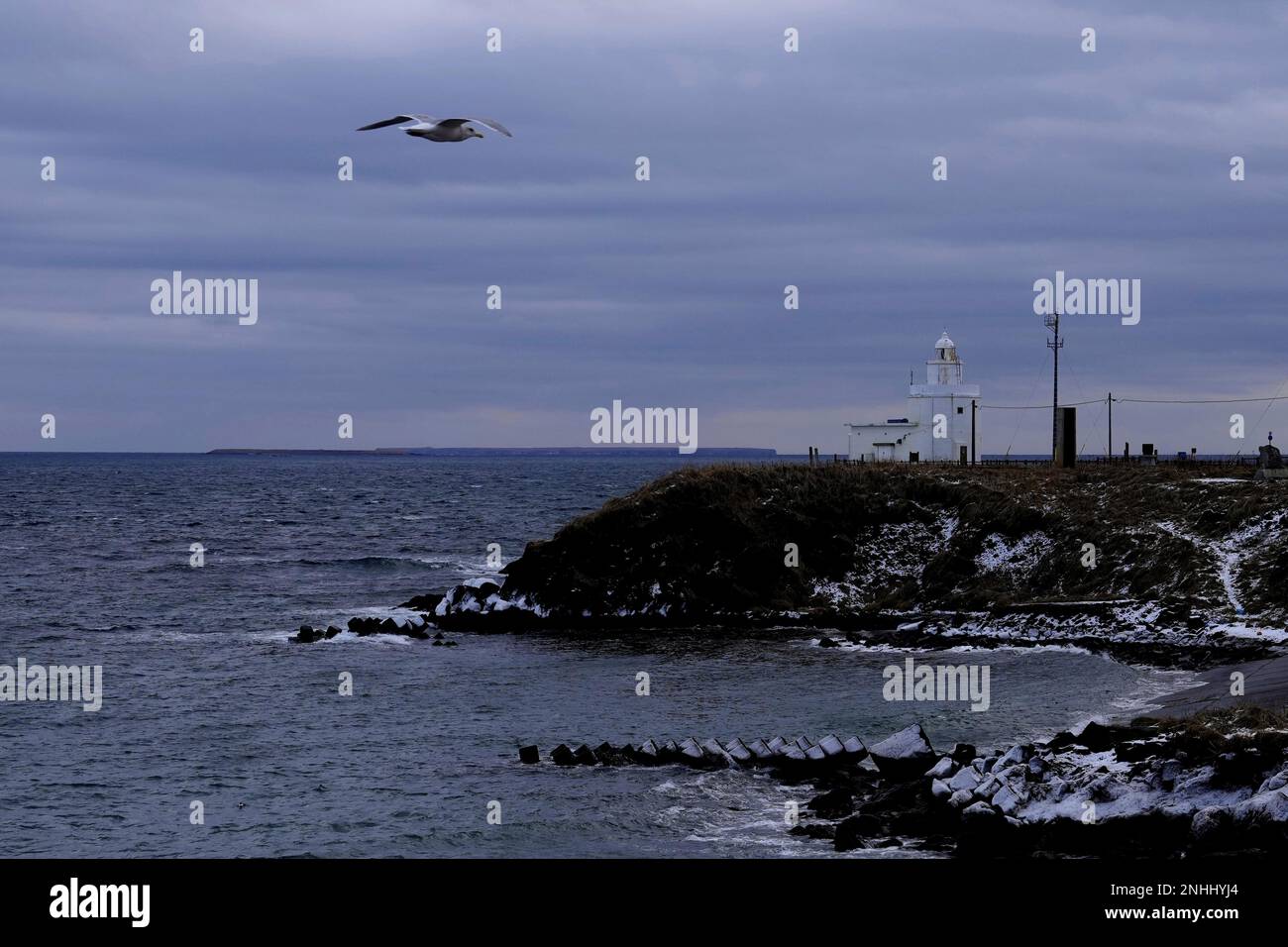 Stormy wind blows at Cape Nosappu, the easternmost point of Japan, in ...
