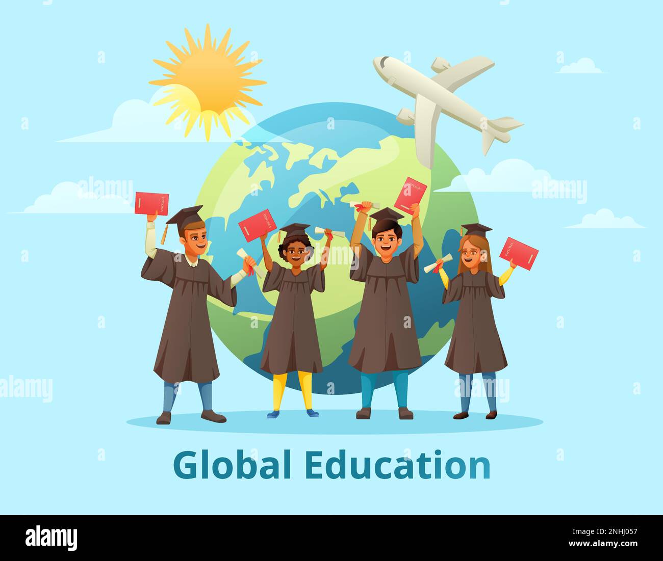 Global education student exchange cartoon background composition with group of graduated ...