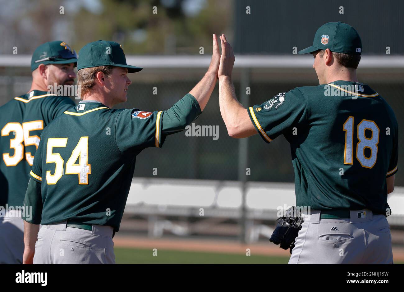Pitchers Sonny Gray, 54 and Rich Hill, 18 high five during spring ...