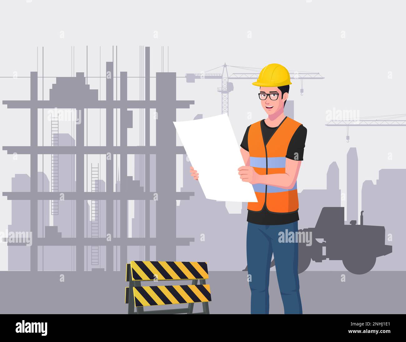 Architect or Engineer on Job Site Holding Construction Plan, Man on ...