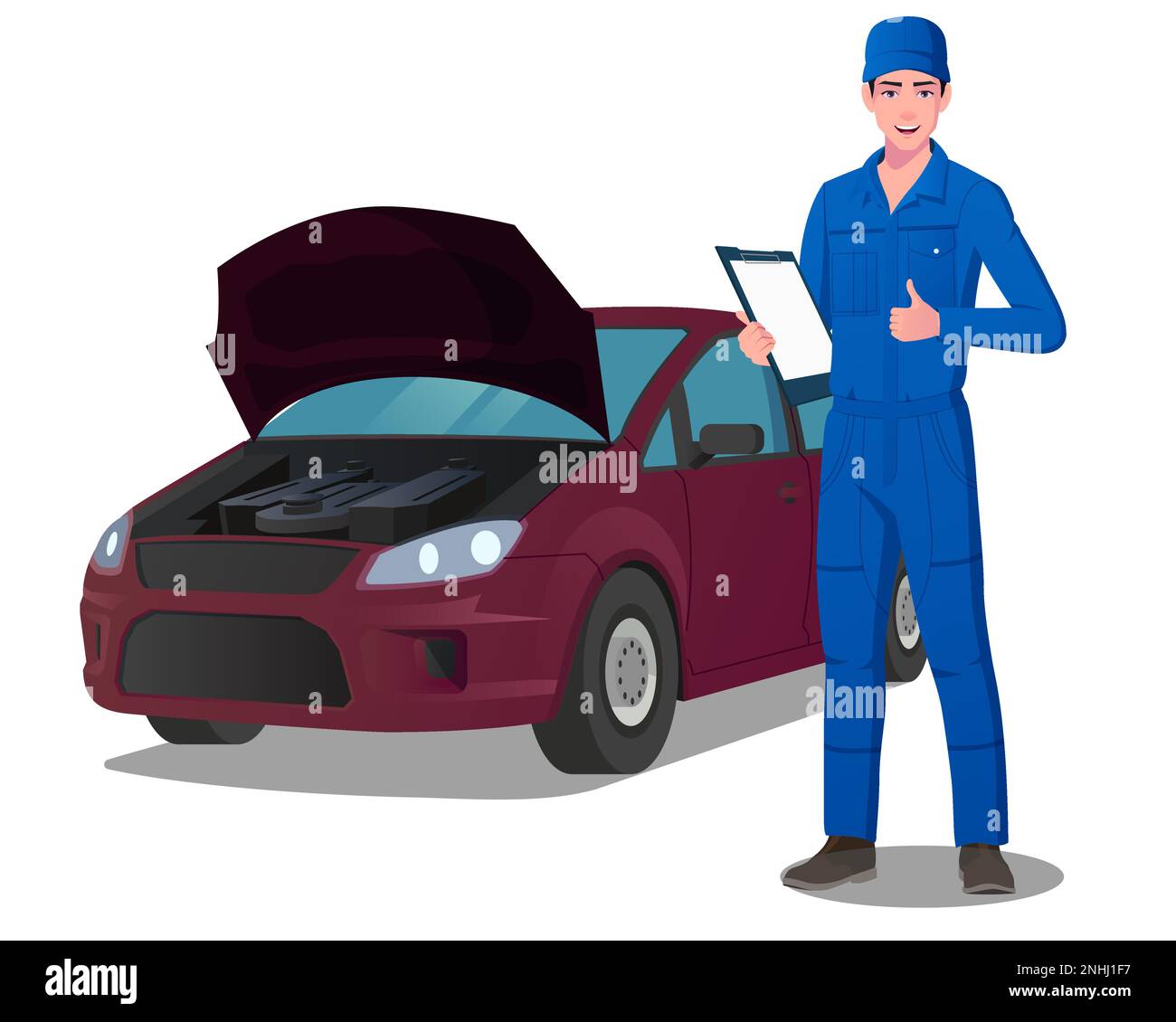Auto Engineer Character Servicing a Car, Mechanic Wearing blue Jumpsuit ...