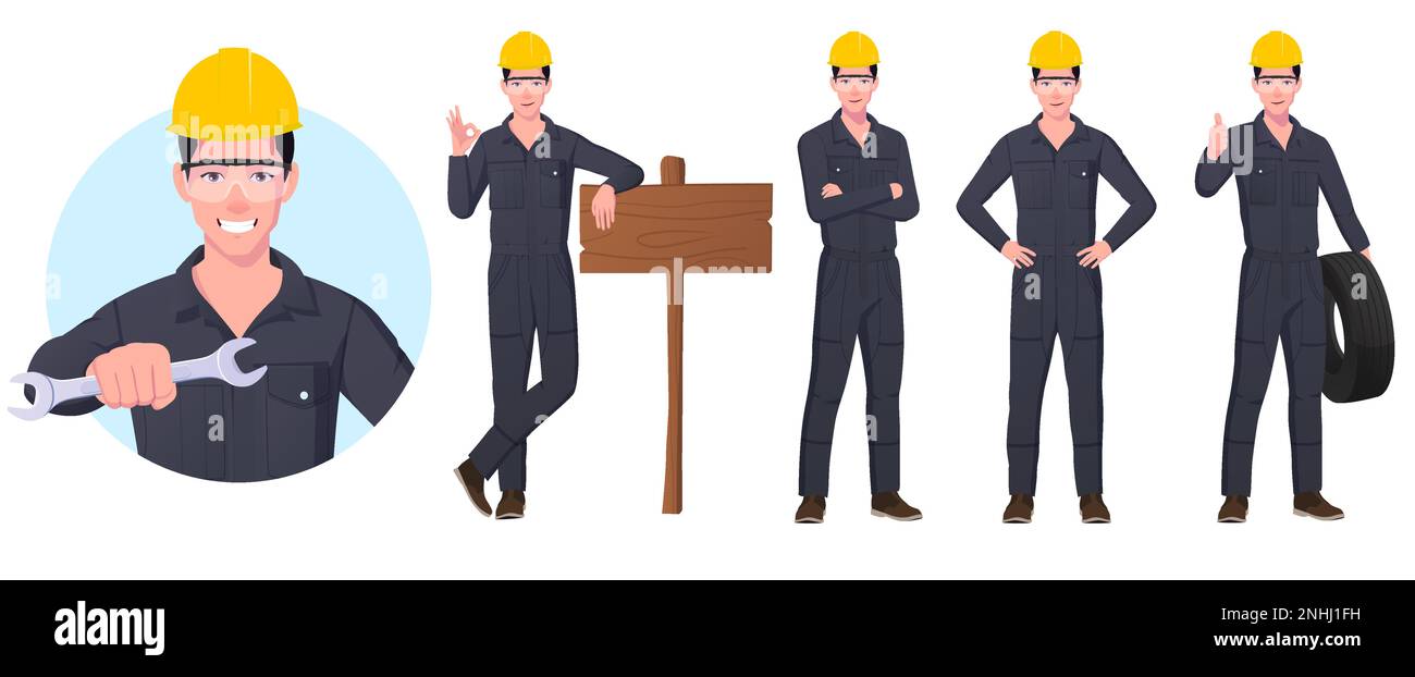 Engineer Character Wearing Hard helmet and Safety Glasses In Various ...