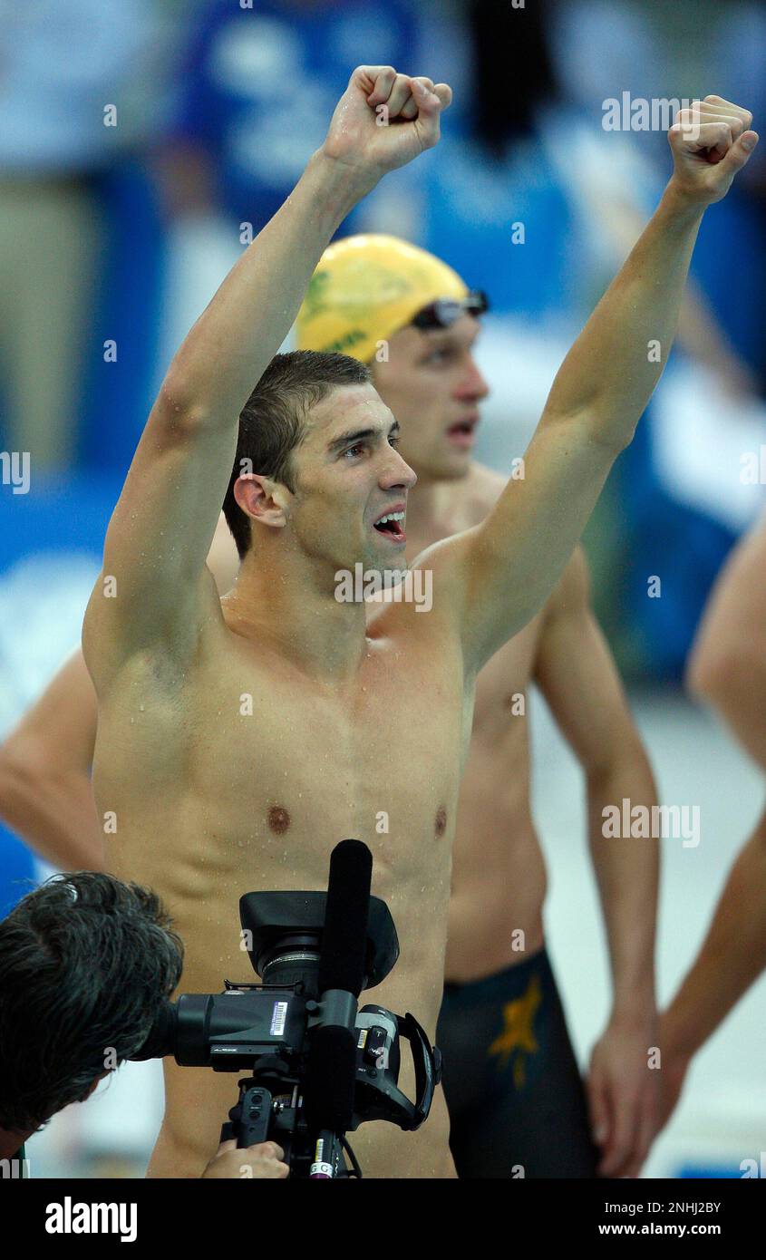 USA's Michael Phelps celebrates the victory in the Men's 4x100 Medley ...