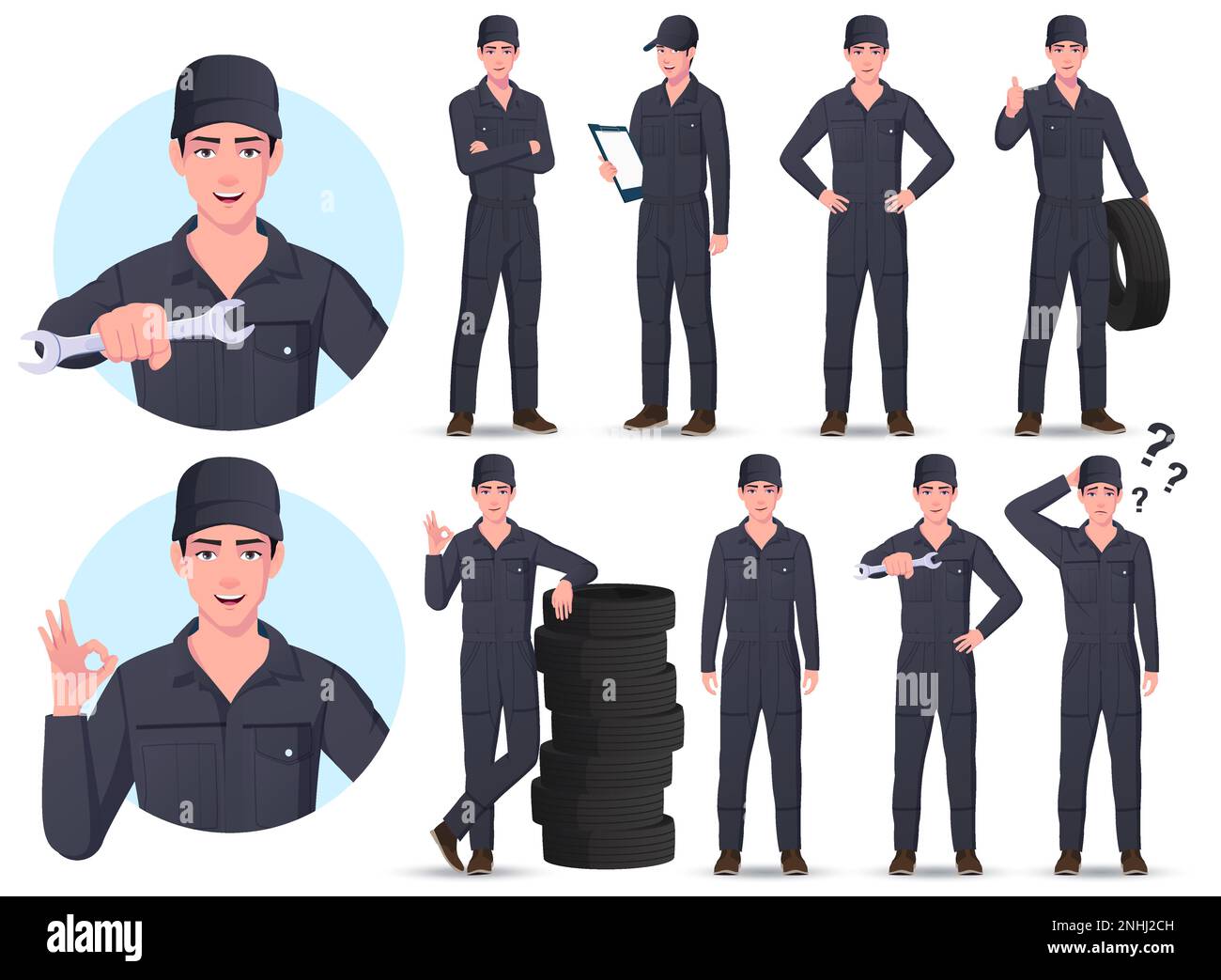 Auto Mechanic Engineer Cartoon Character Set With Different Poses and ...