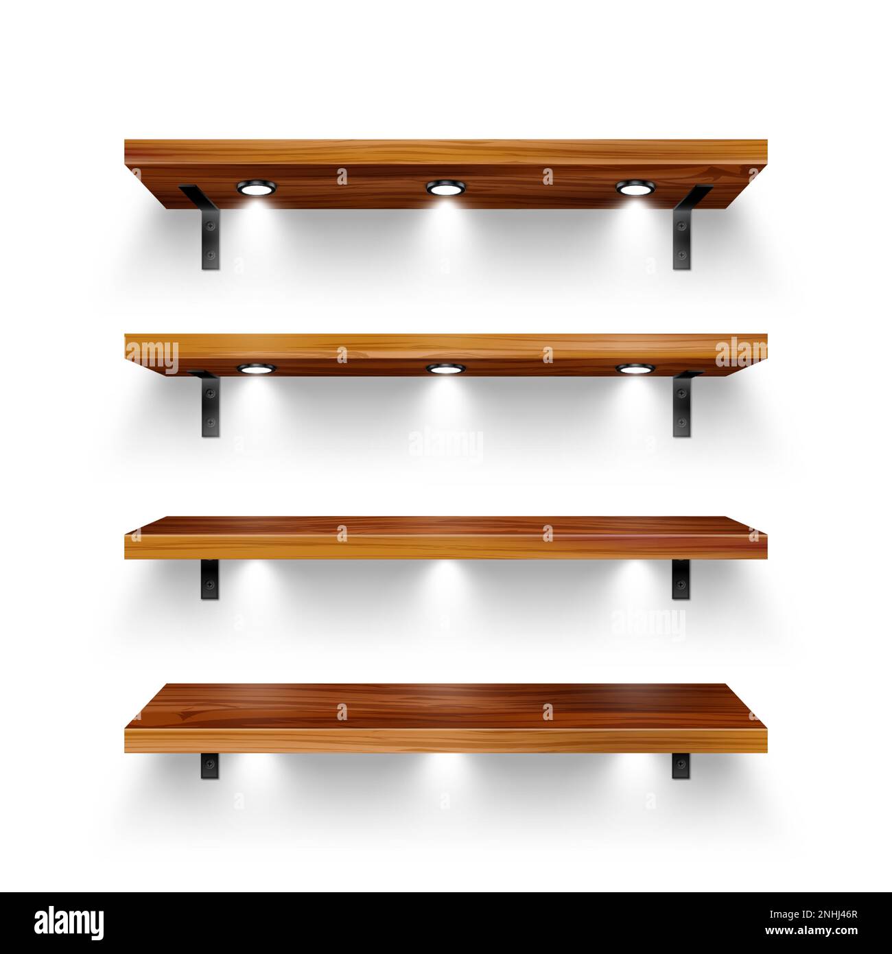 Realistic wooden store shelves with wall mount and lighting, spotlights ...