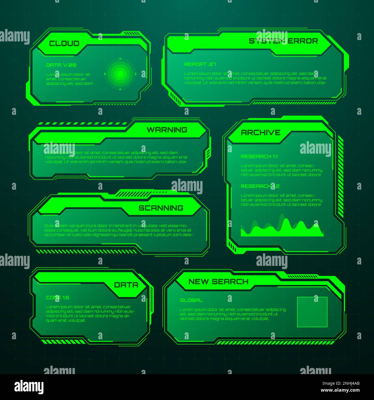 Green futuristic HUD, UI elements. Sci-fi user interface text boxes, callouts. Warning message ...