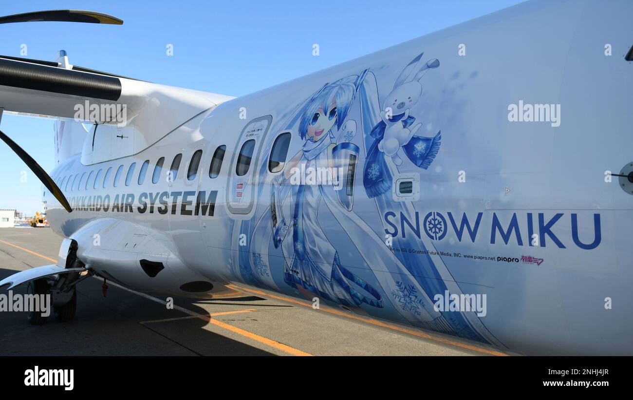 A propelled-engined airplane wrapping Snow Miku, a supporting character ...