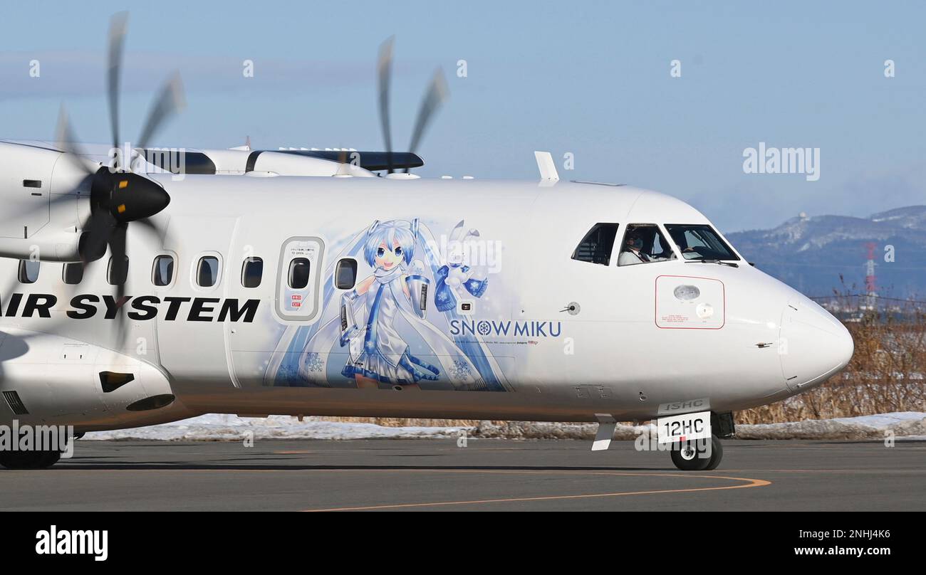 A propelled-engined airplane wrapping Snow Miku, a supporting character ...