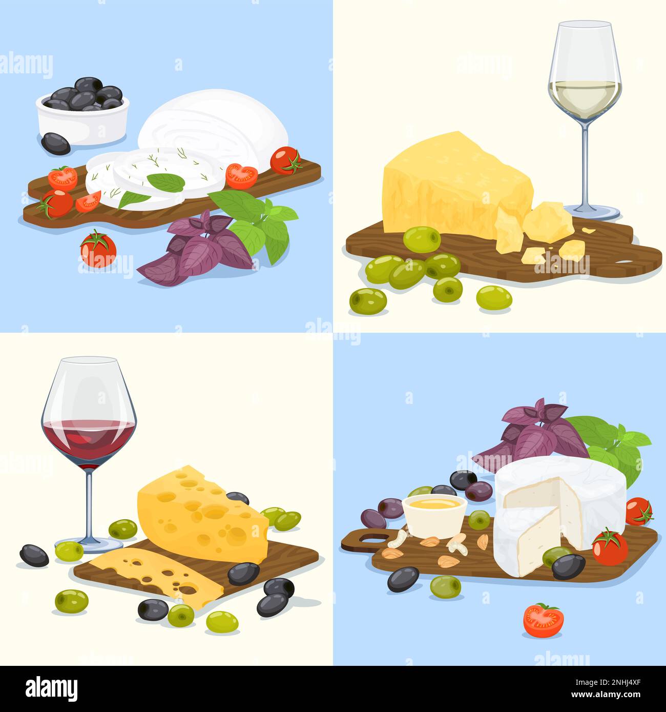 Four squares cheese flat colored icon set mozzarella on a cutting board ...