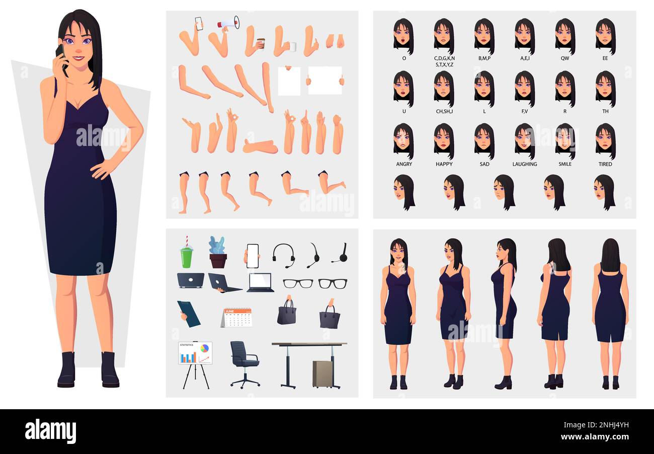 Business Woman Character Construction Pack, Girl wearing Casual Dress ...