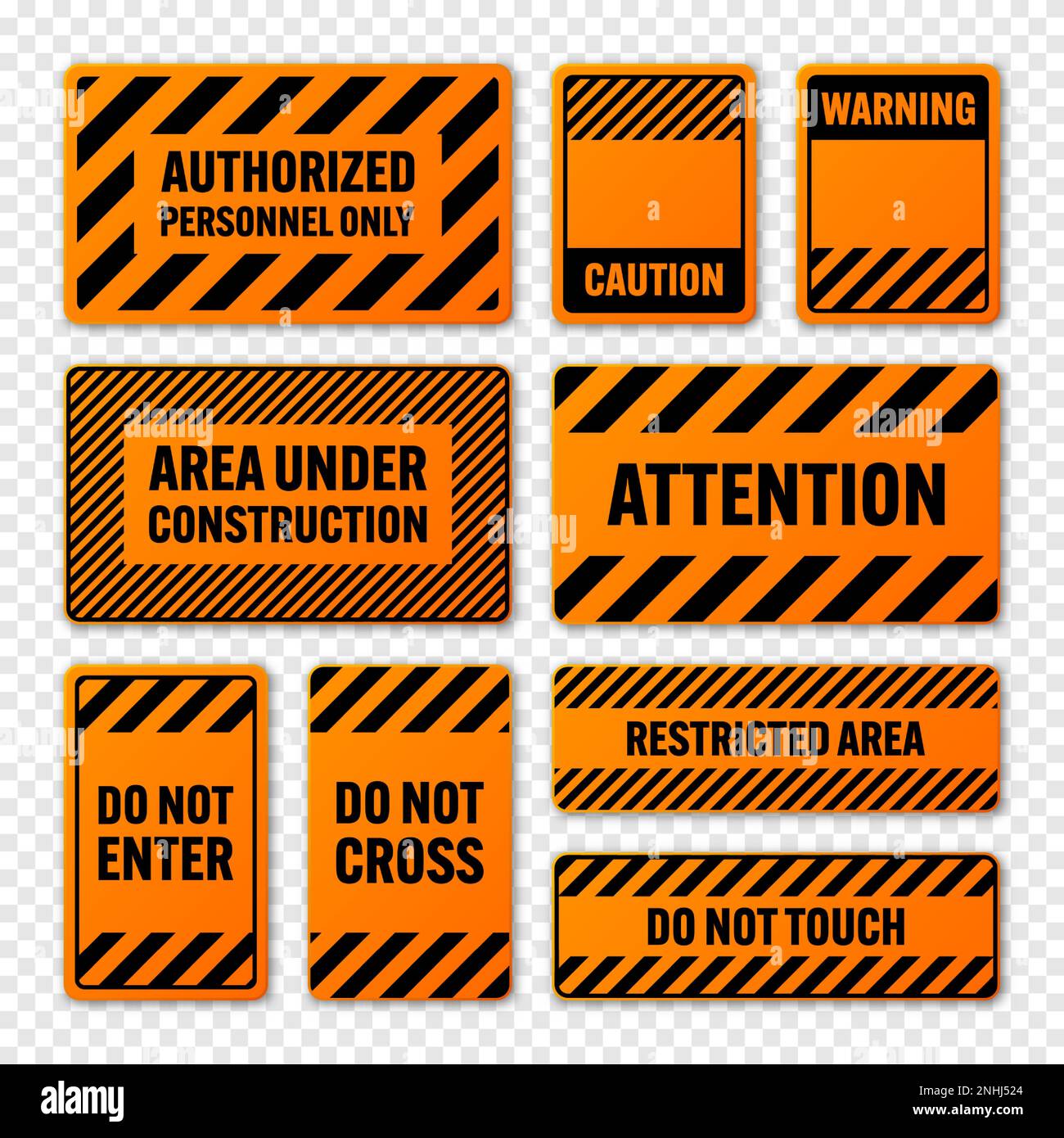 Various black and orange warning signs with diagonal lines. Attention ...