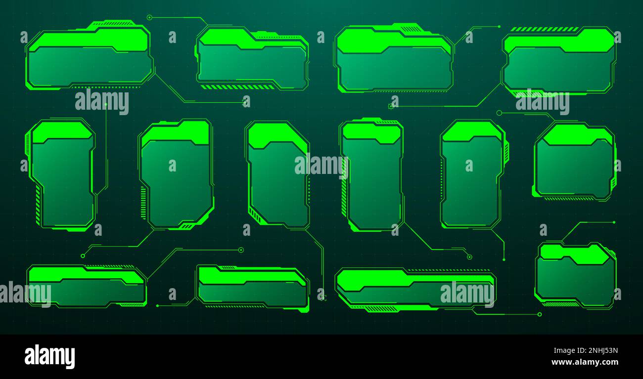 Green futuristic HUD, UI elements. Sci-fi user interface text boxes ...