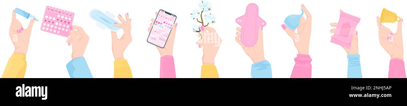 Menstruation period hygiene flat composition set womens hands with ...