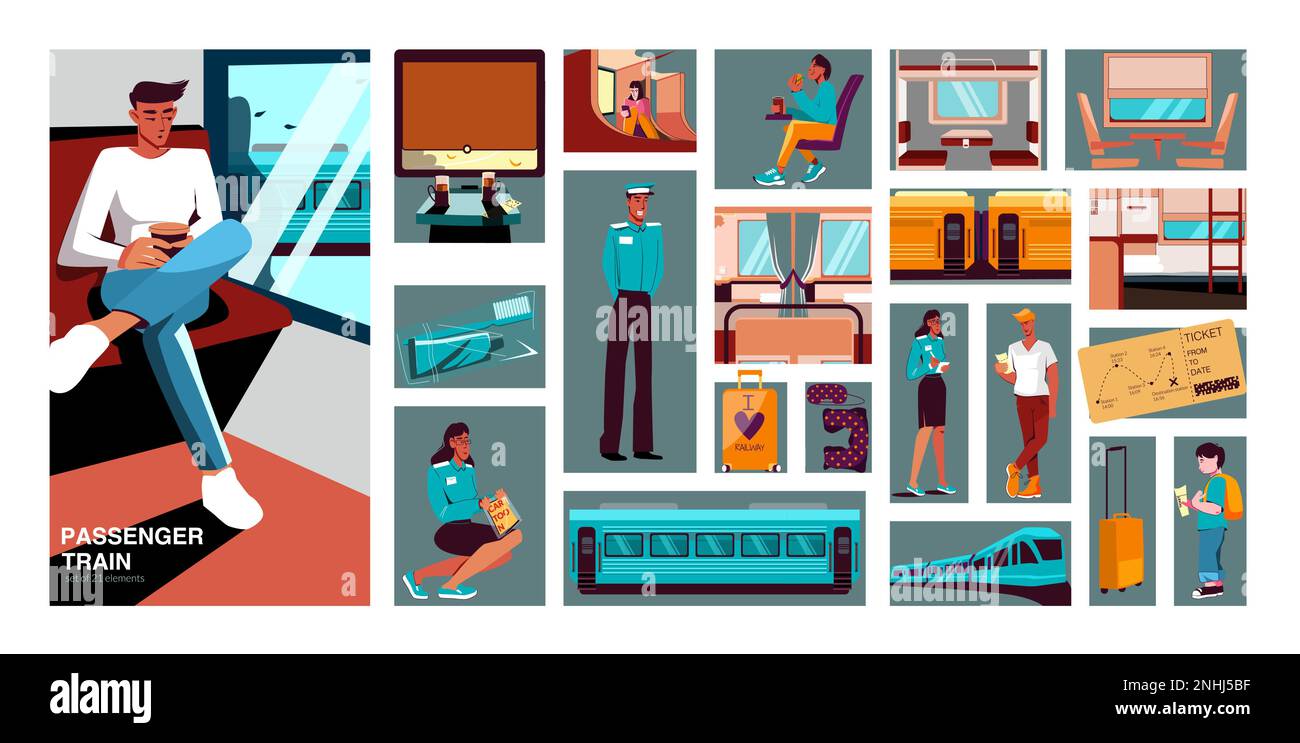 Passenger train flat composition consisting from separate rectangular illustrations of wagons ...
