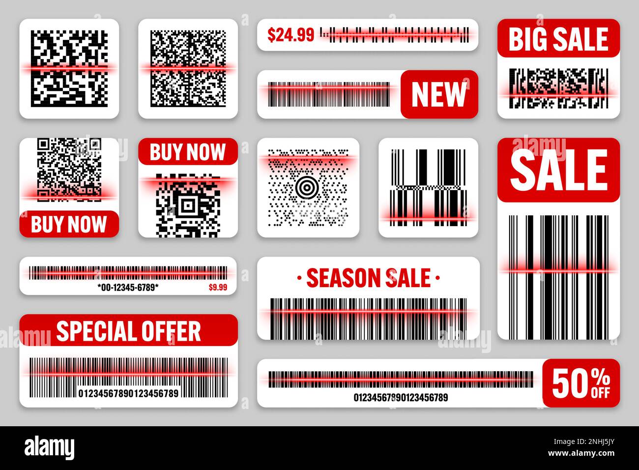 Product barcodes and QR codes with red scanning line. Sale stickers ...