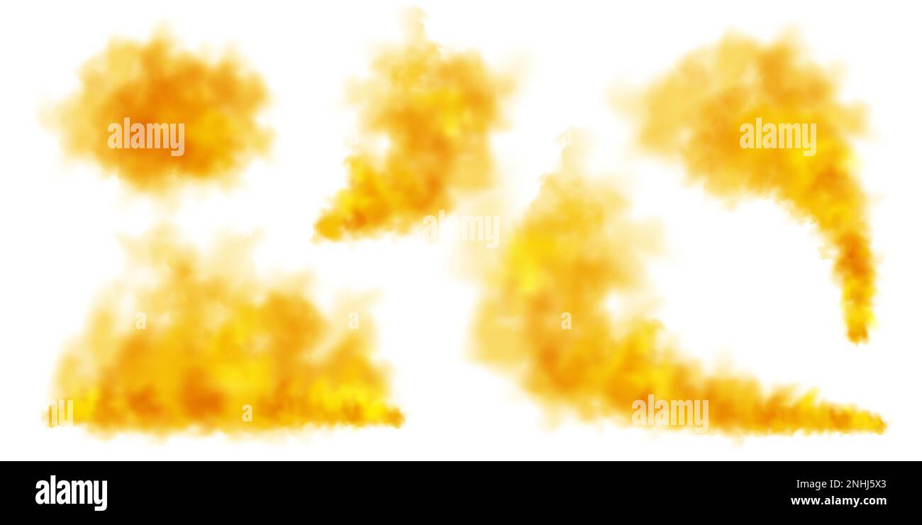 Yellow colorful smoke clouds isolated on white background, realistic ...