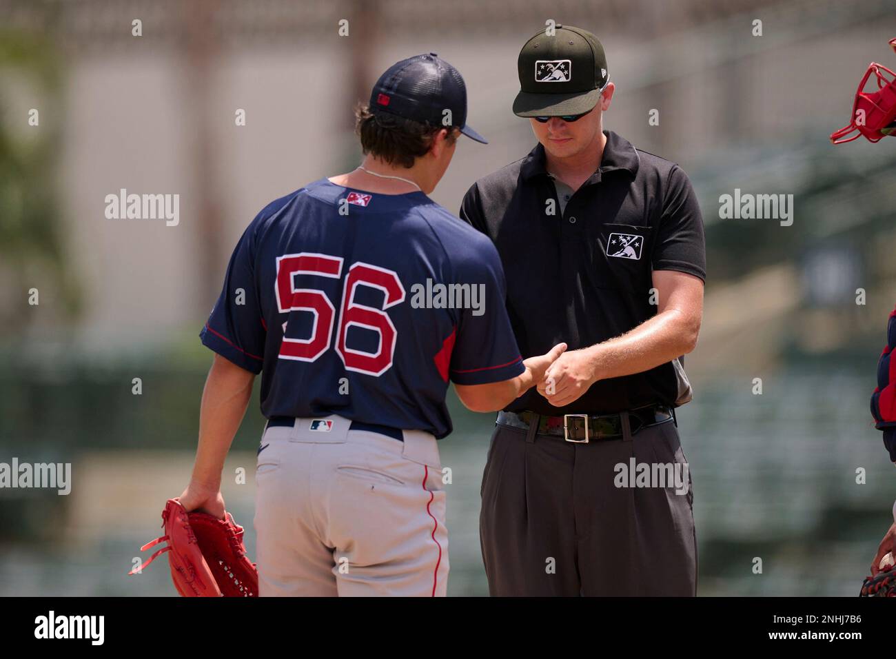Umpire Andrew Craddock checks FCL Red Sox pitcher Nate Tellier (56 ...
