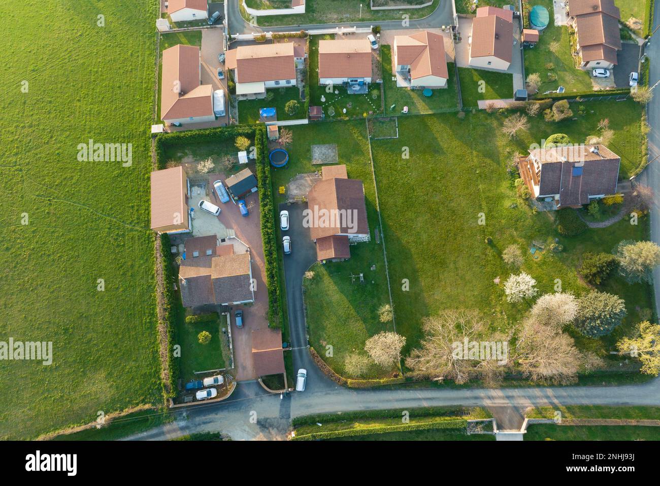 Aerial view of residential houses in green suburban rural area Stock ...
