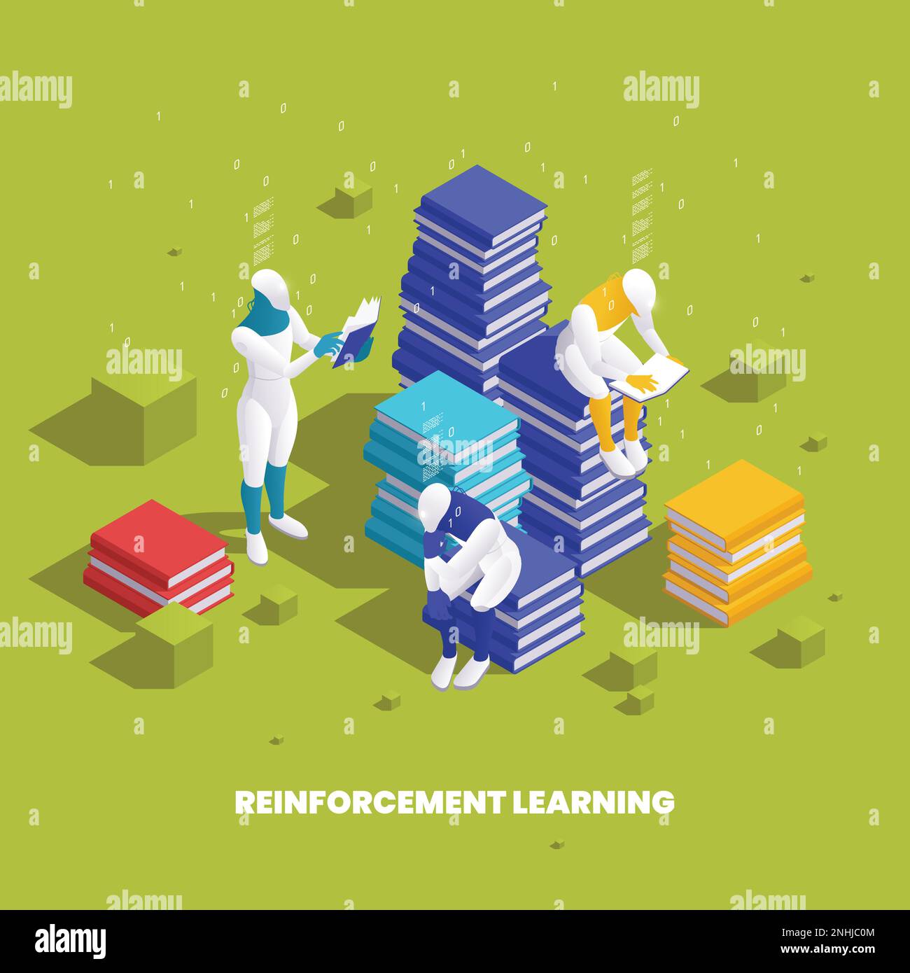 Machine learning deep learning isometric composition with view of cyborgs sitting on stacks of ...