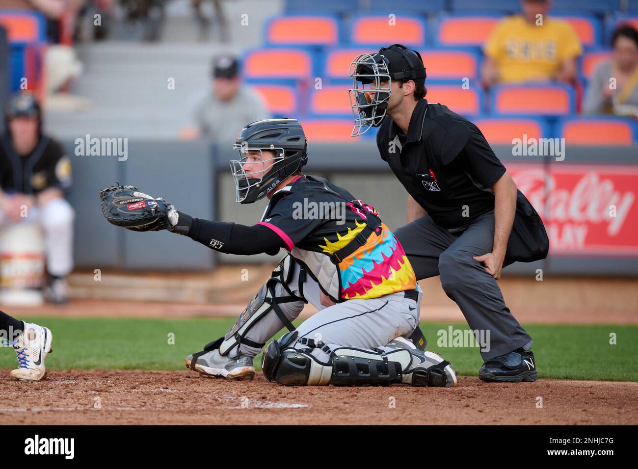 Umpire Jude Koury and Erie Pinatas catcher Dillon Dingler (10) during ...