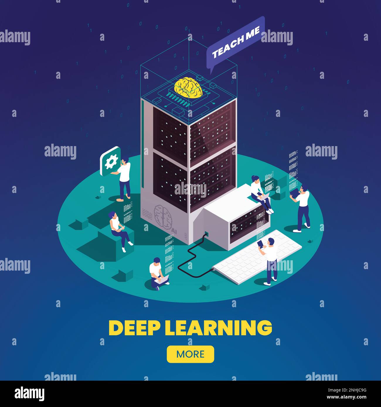 Machine Learning Deep Learning Isometric Composition With Round Platform And People Connecting
