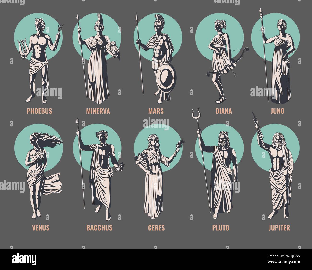 Greek olympian gods and goddesses with their names isolated on color background flat vector ...