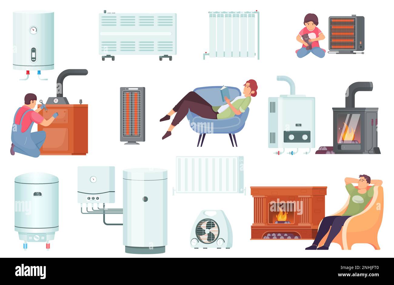 Heating system set with maintenance symbols flat isolated vector ...
