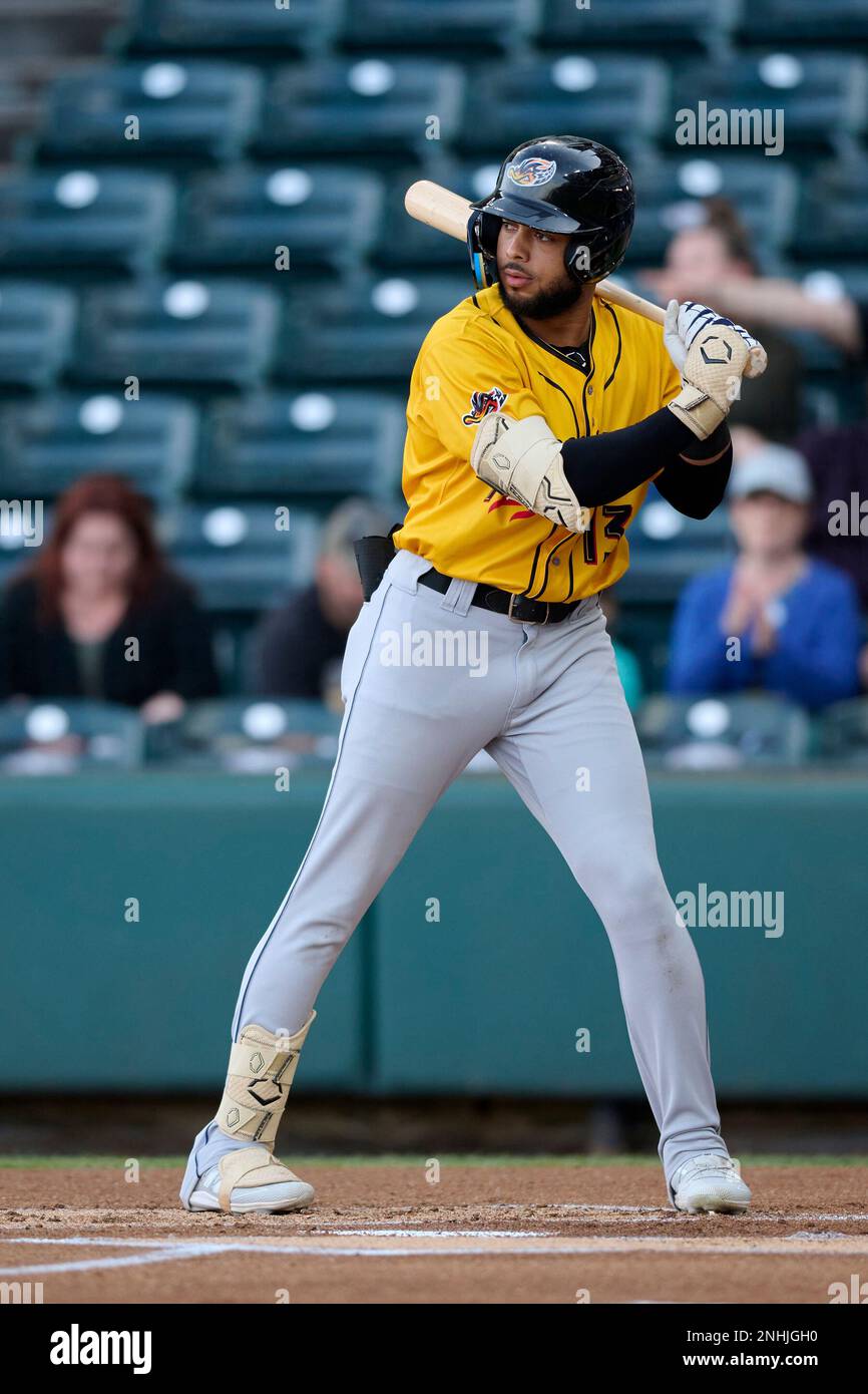 Los Perros Calientes George Valera (13) bats during an Eastern League ...