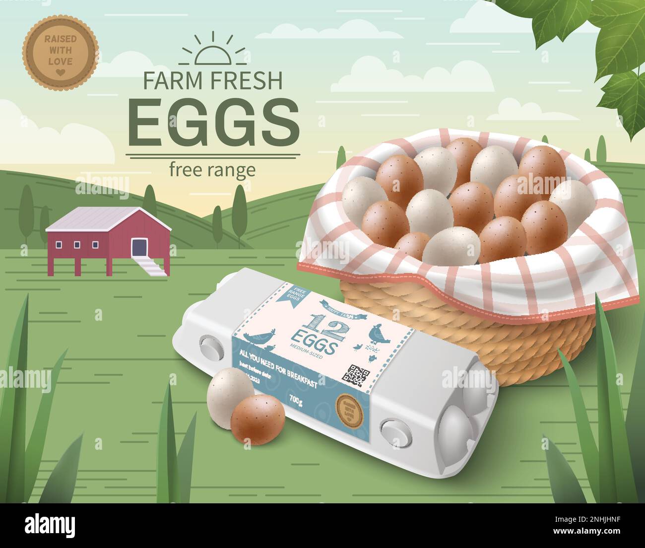 Farm fresh chicken eggs realistic poster with package mockup and basket ...