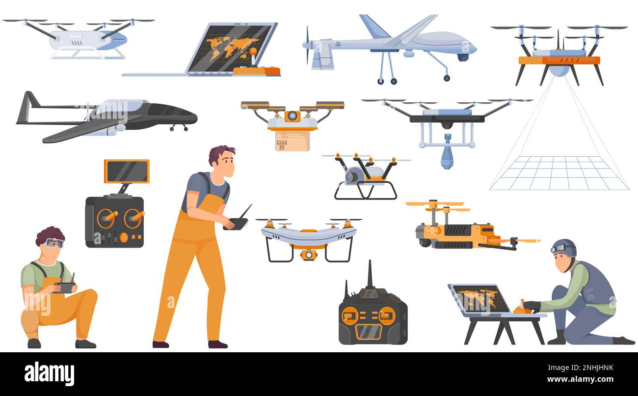 Drones icons set with unmanned aerial vehicles symbols flat isolated vector illustration Stock ...